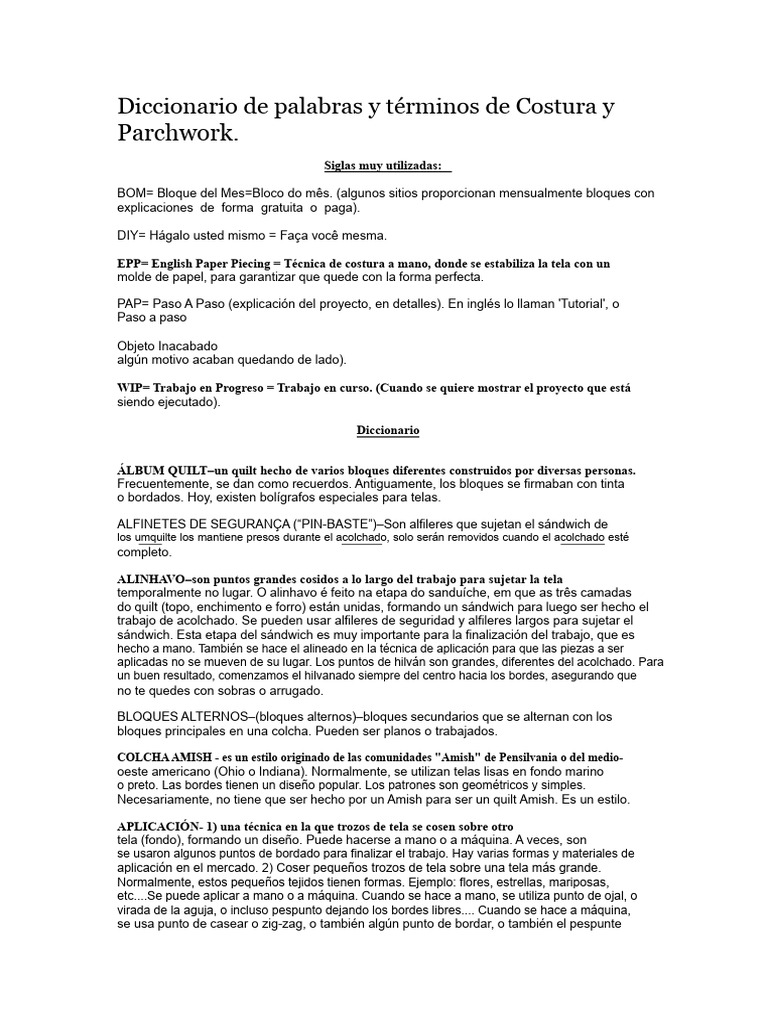 Diccionario de Palabras y Términos de Costura y Patchwork PDF | PDF ...