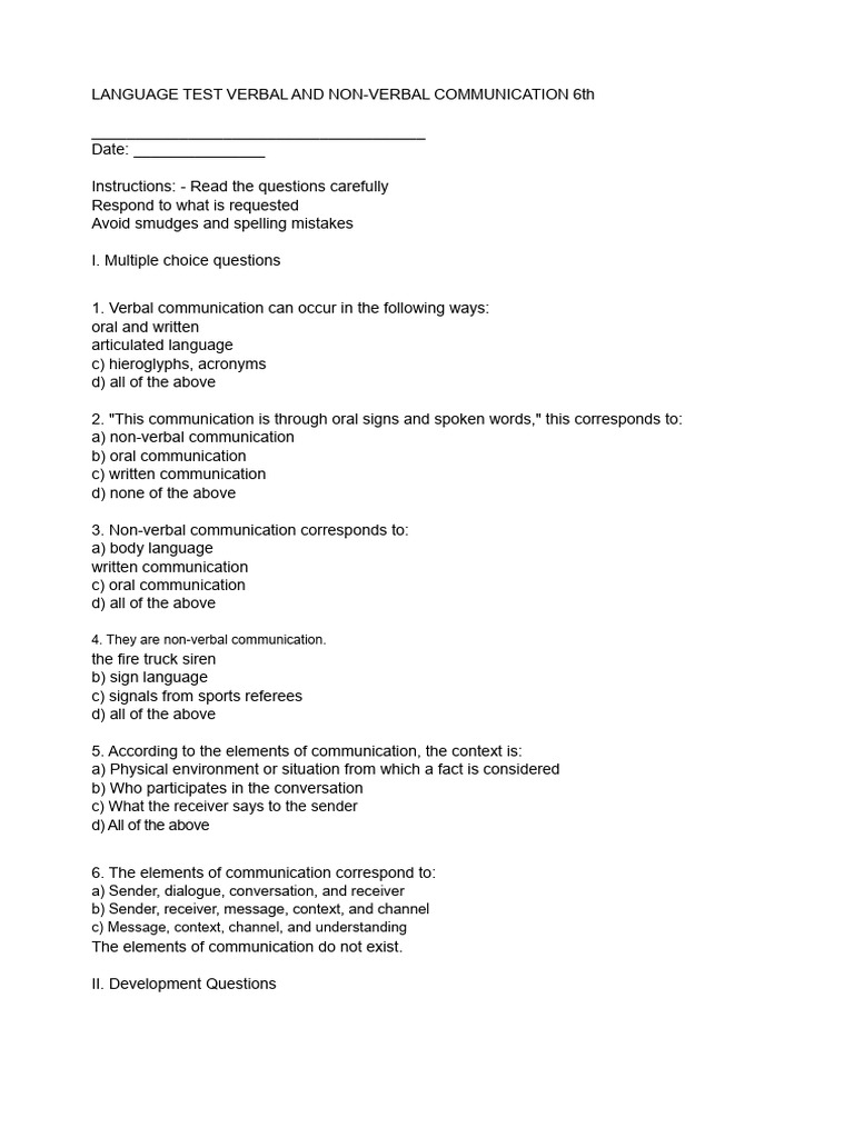 Language Test: Verbal & Non-Verbal Communication | PDF | Communication ...