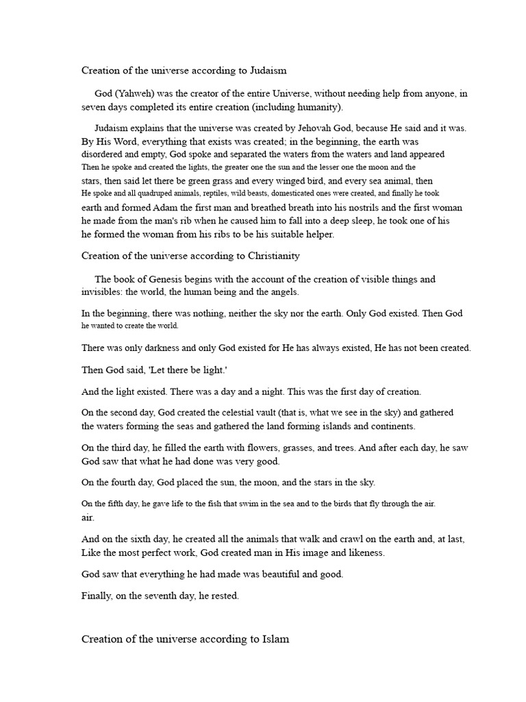 Creation of The Universe According To Judaism and Other Religions | PDF ...