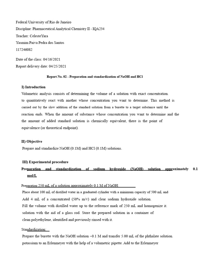 Report 02 - Preparation and Standardization of NaOH and HCL - Yasmim ...