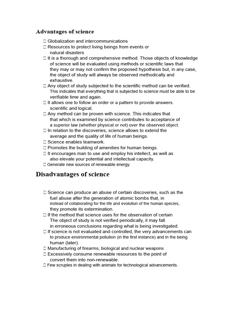 Advantages and Disadvantages of Science | PDF