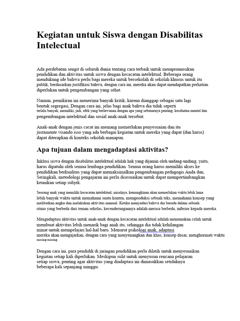 Kegiatan Untuk Siswa Dengan Disabilitas Intelektual | PDF