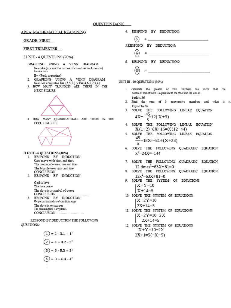 Mathematical Reasoning Question Bank | PDF | Equations | Quadratic Equation