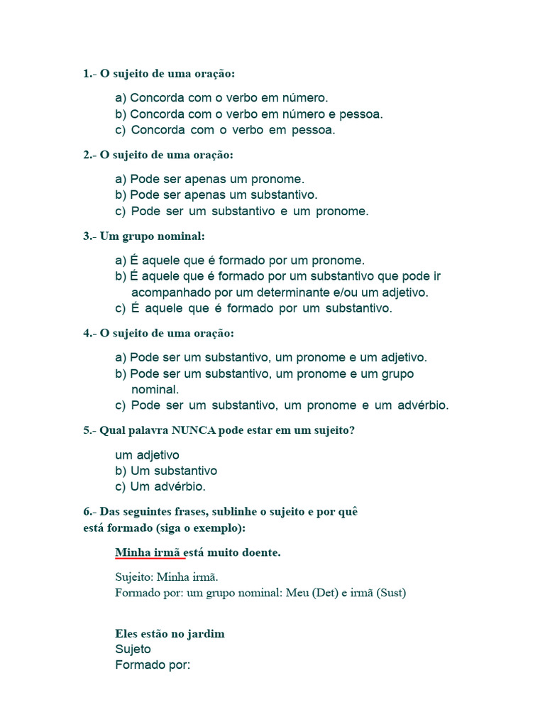 Exercícios Sujeito e Predicado. | PDF | Pronome | Assunto (gramática)