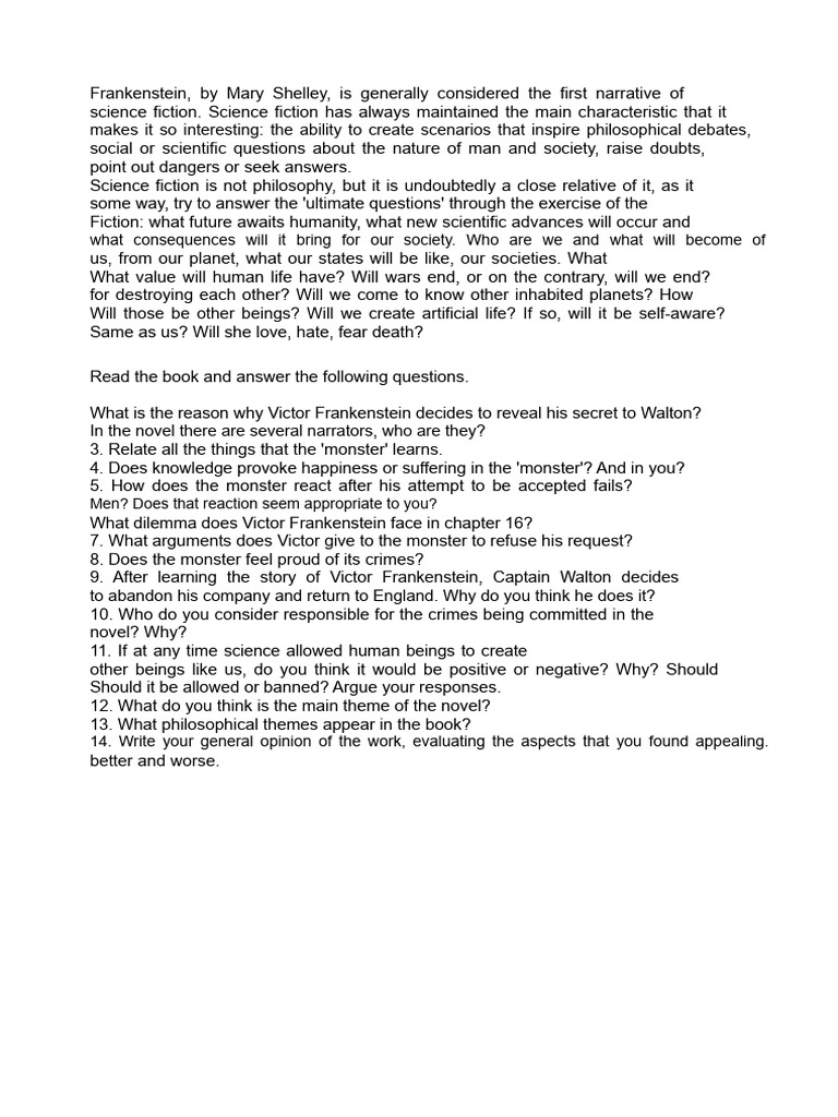Questionnaire About The Novel Frankenstein | PDF