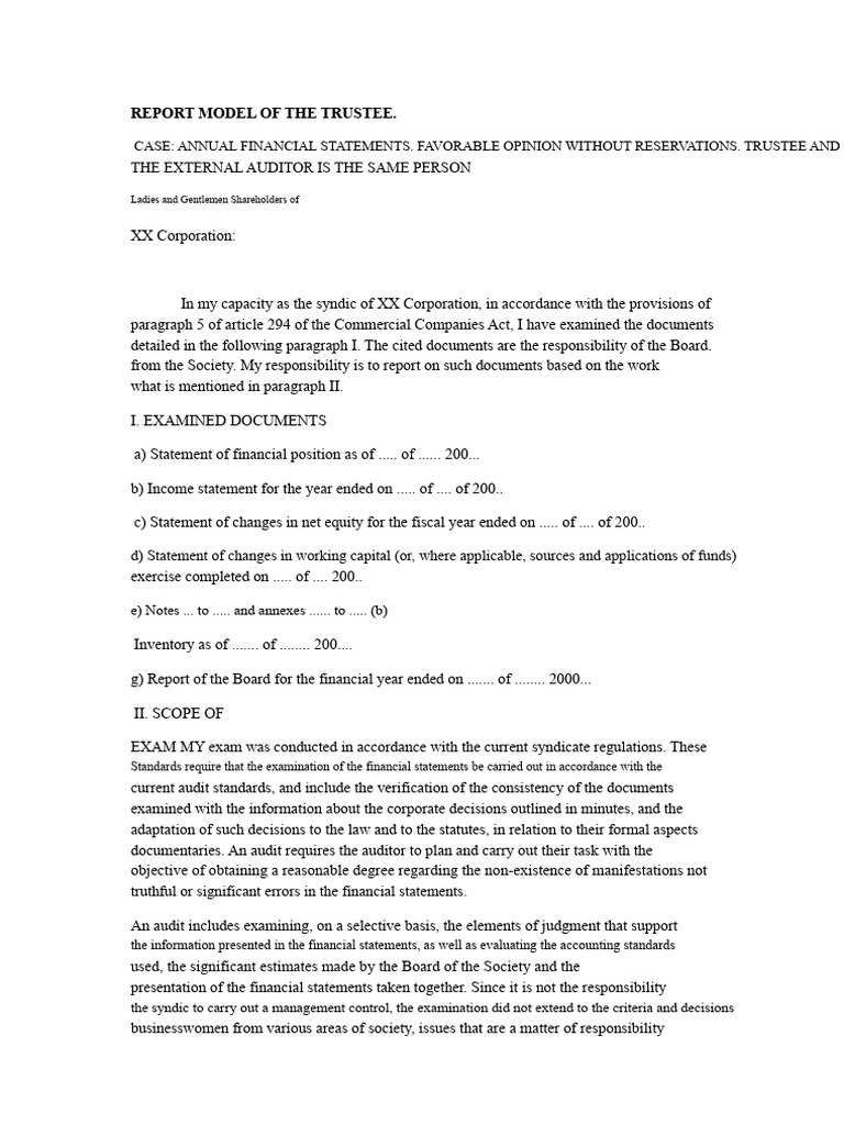 Report Model of The Trustee | PDF | Audit | Board Of Directors