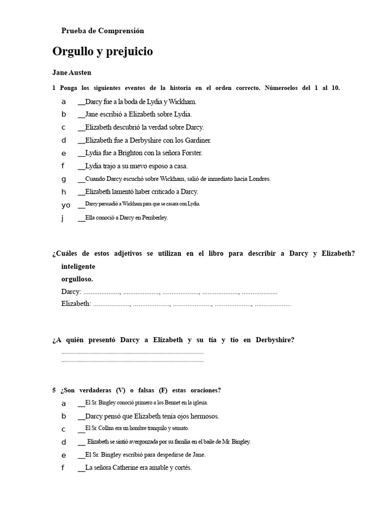 Prueba de Comprensión de Orgullo y Prejuicio Nueva | PDF | Señor darcy ...