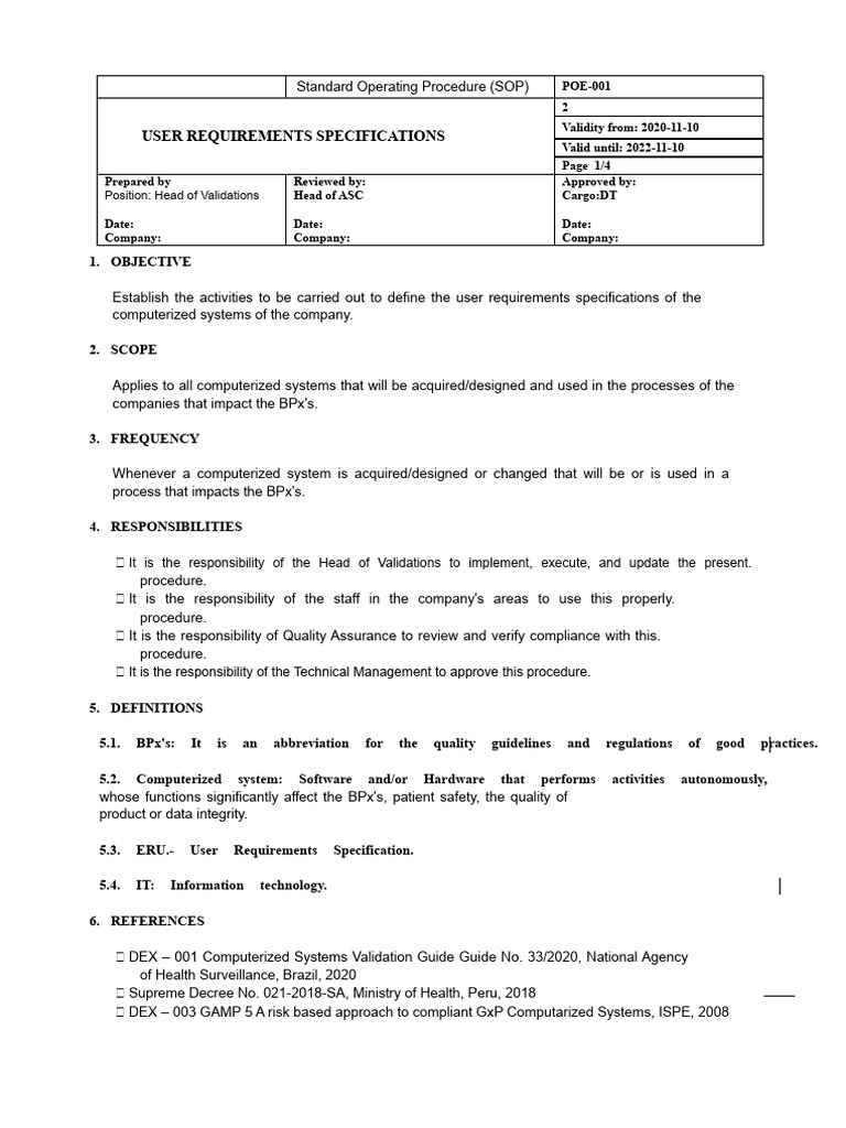 Procedure For Developing User Requirements Specifications | PDF ...