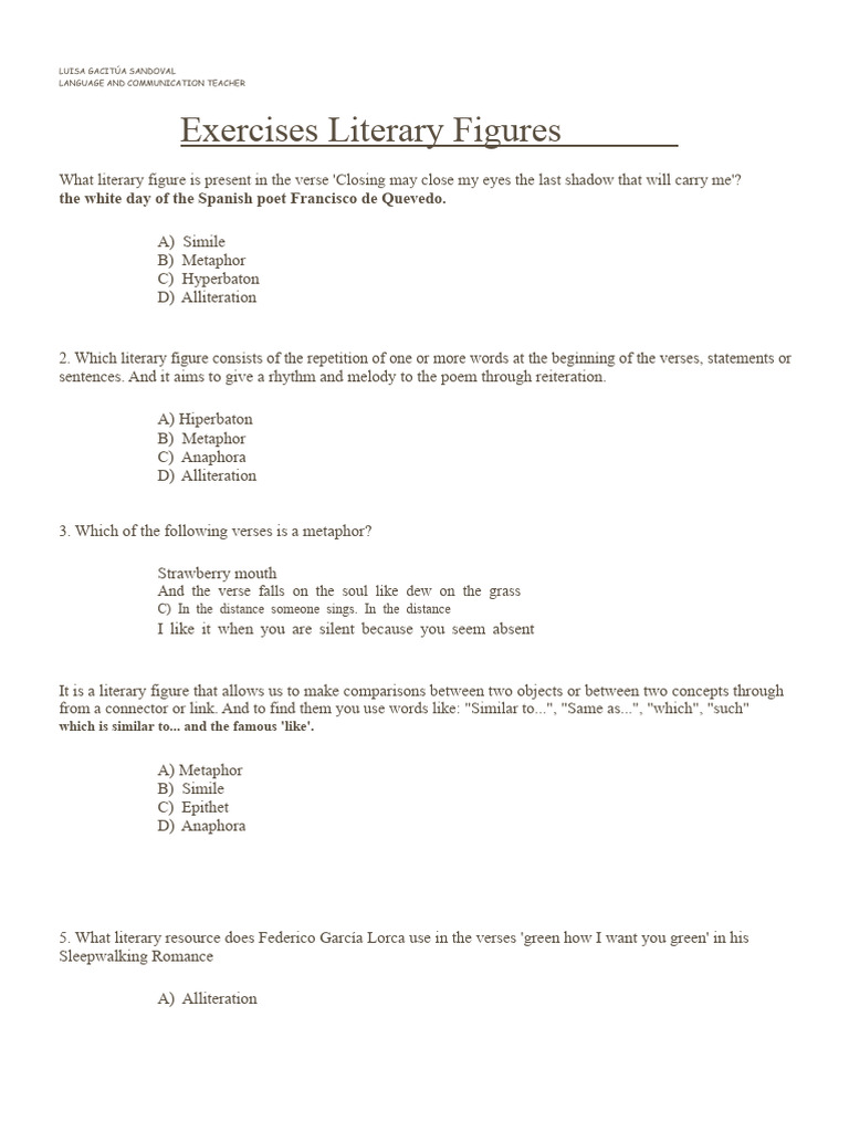 Exercises On Literary Figures | PDF | Metaphor | Grammar