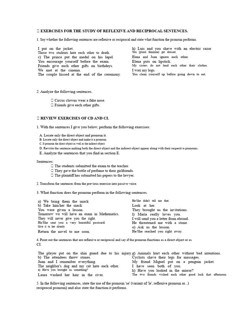 Exercises On Reflexive and Reciprocal Sentences | PDF | Pronoun ...