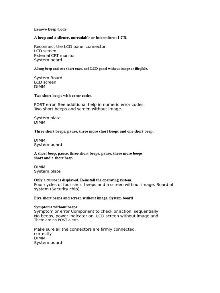 Lenovo Beep Codes | PDF