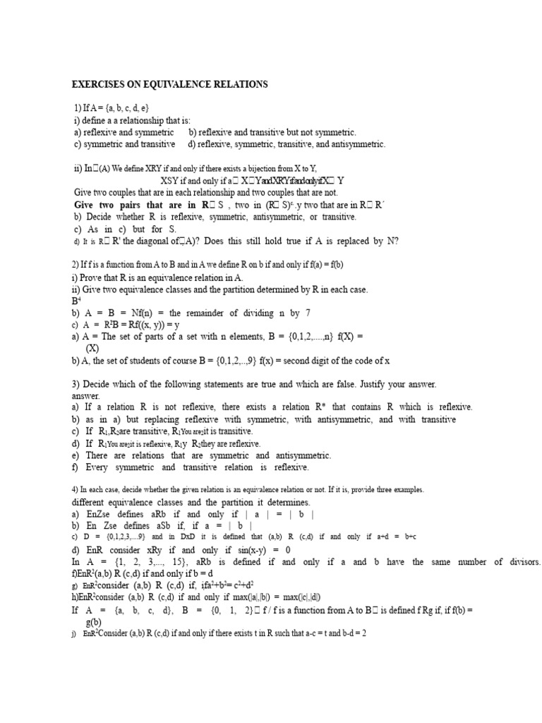 Exercises on Equivalence Relations | PDF | Mathematics | Mathematical ...