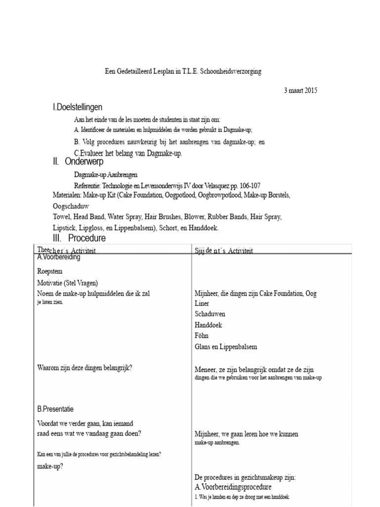Een Gedetailleerd Lesplan in Tle Make Up 1 | PDF