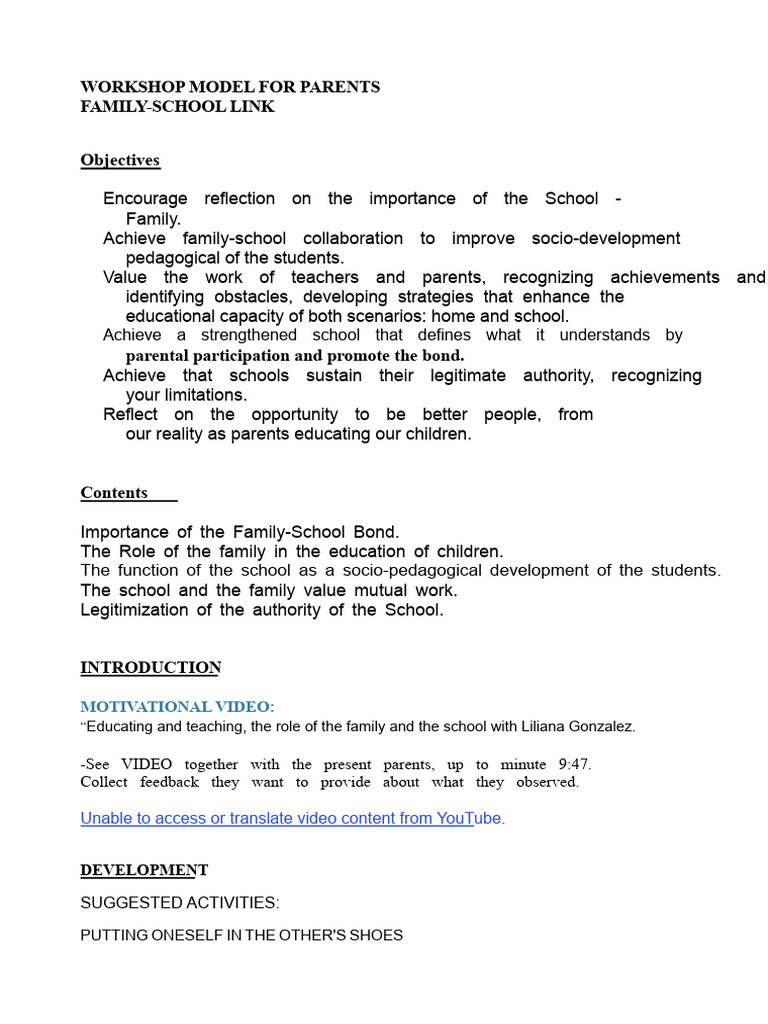 Class 5 Workshop Model For Parents Family-School Link | PDF | Teachers ...