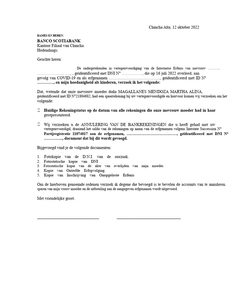 Verzoekbrief Voor Sluiting Van Rekening Vanwege Overlijden | PDF