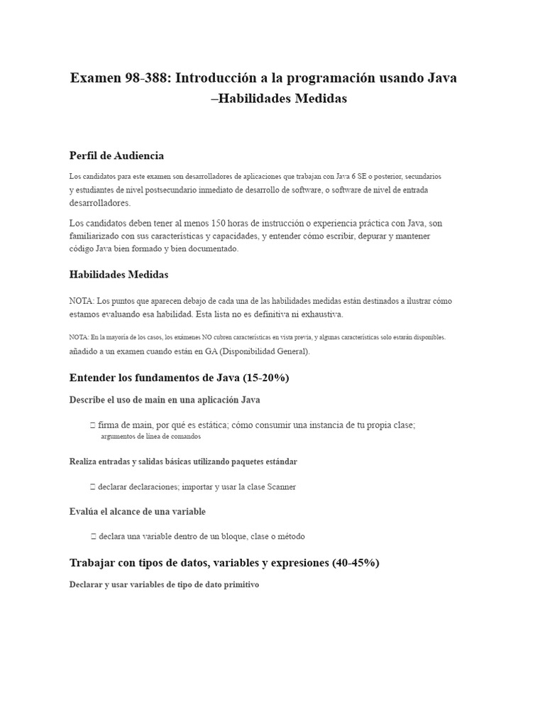 Examen 98 388 Introducción A La Programación Utilizando Java Habilidades Medidas | PDF | Java ...