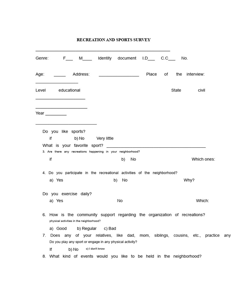 Survey On Recreation and Sports | PDF