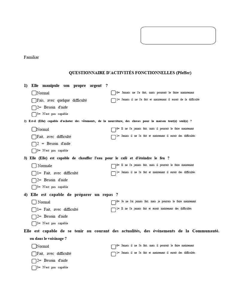 Pfeffer - Questionnaire Sur Les Activités Fonctionnelles | PDF