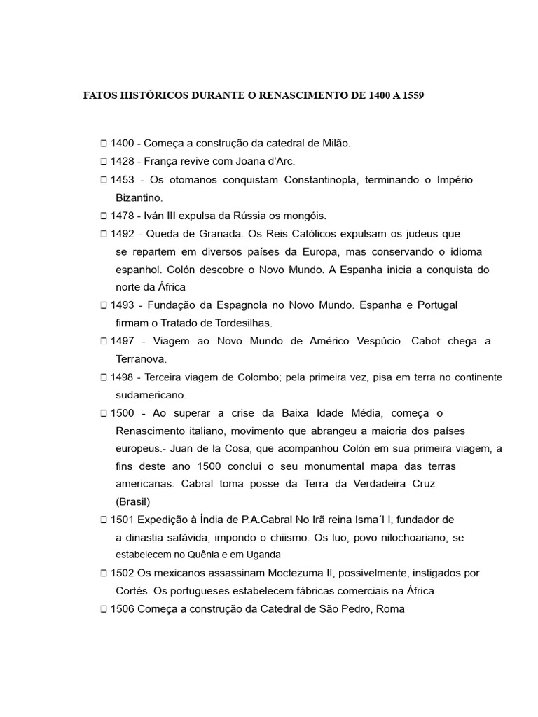Fatos Históricos Durante o Renascimento de 1400 A 1559 | PDF | New World (jogo) | Europa