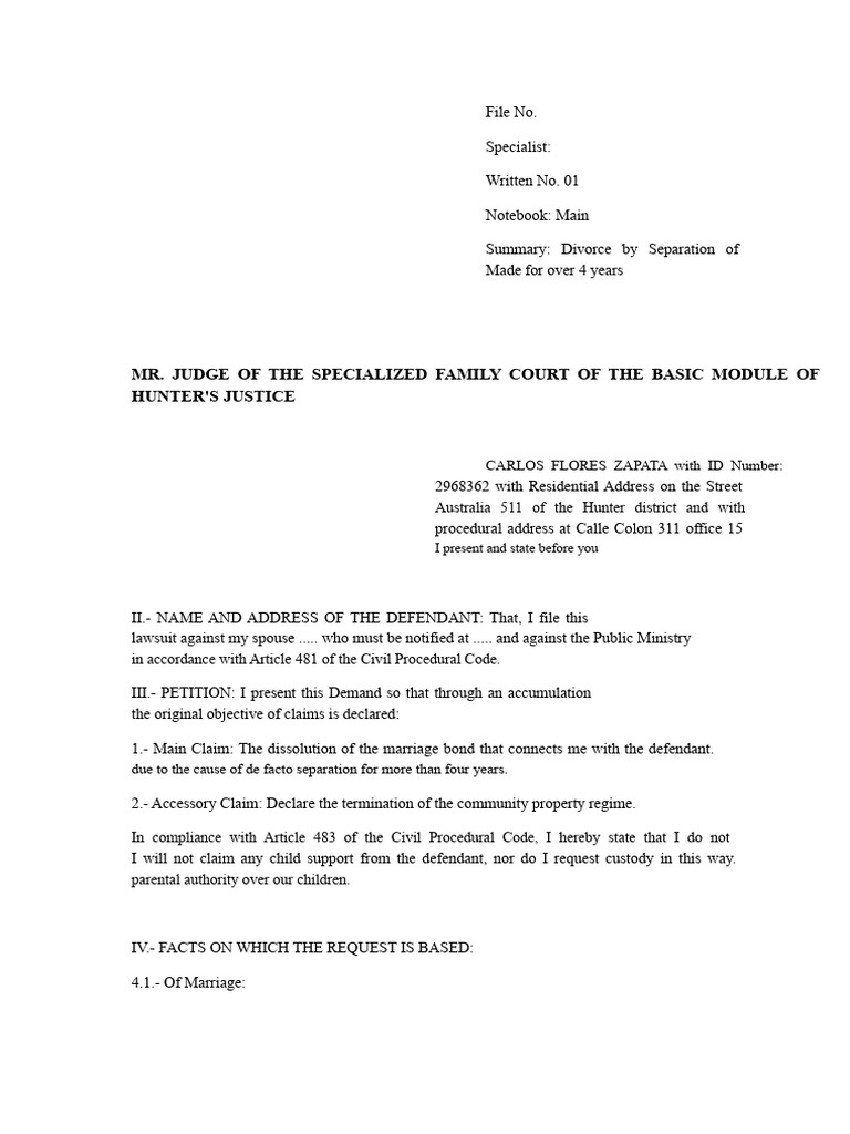 3019 Model of Petition For Separation in Fact | PDF | Divorce | Alimony
