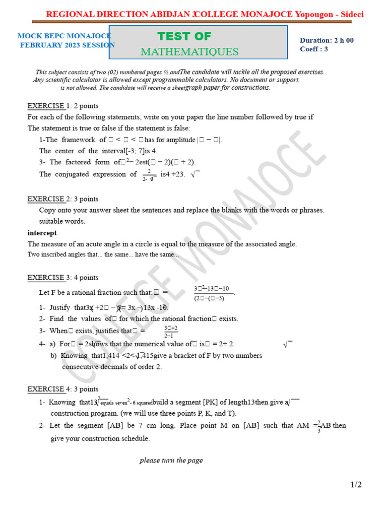 Bepc Mock Exam 2023 Mathematics Monajoce College Yopougon Ivory Coast ...