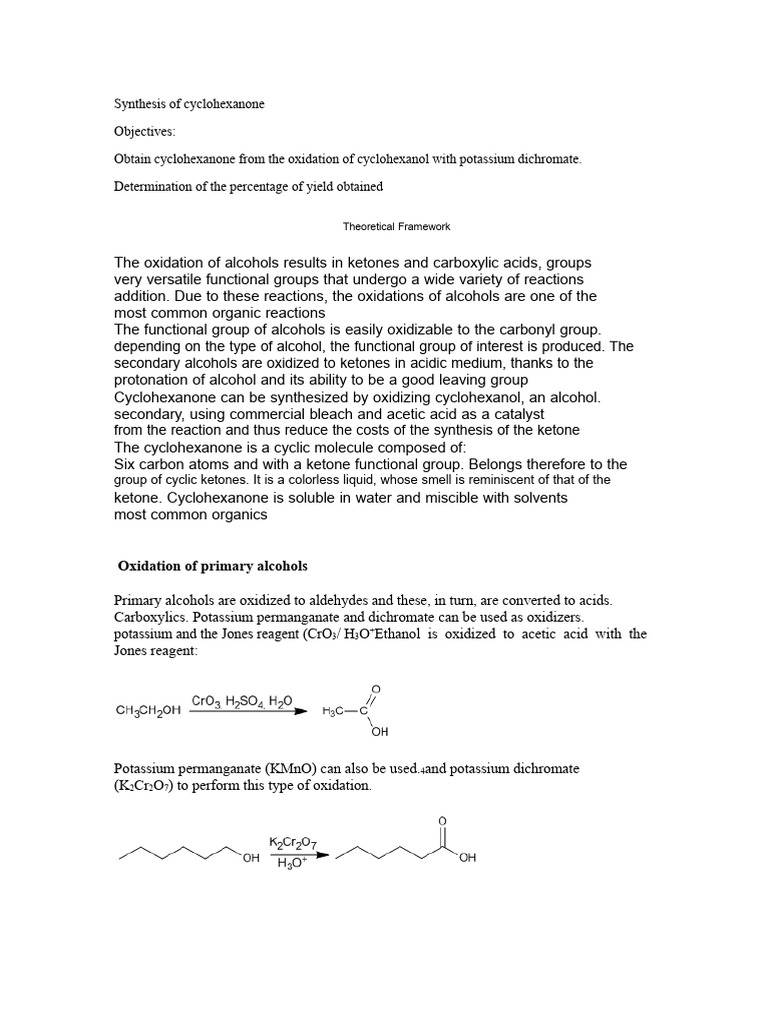 Cyclohexanone Synthesis via Oxidation | PDF | Ketone | Chemical Compounds