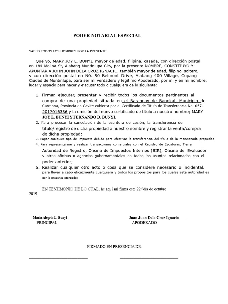 PODER NOTARIAL ESPECIAL - Final.docx | PDF