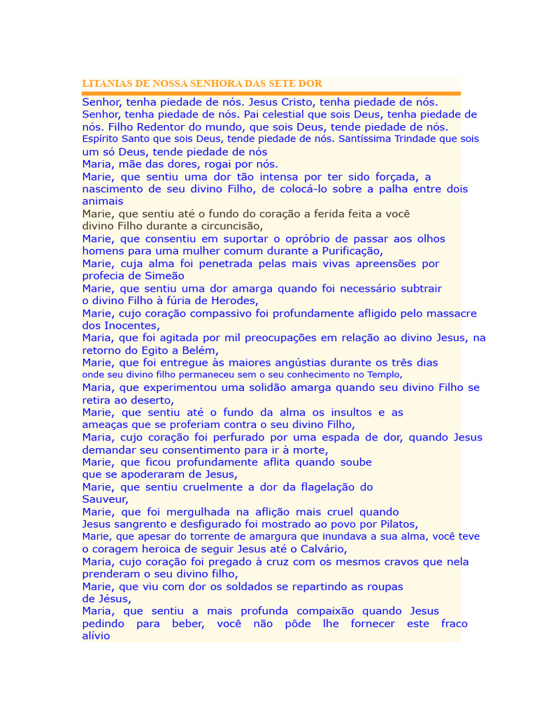LITANIAS DE NOSSA SENHORA DAS SETE DOR | PDF | Maria, mãe de Jesus | Jesus
