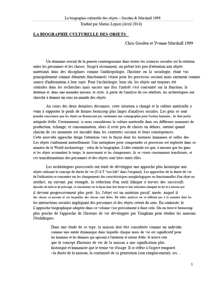 La Biographie Culturelle Des Objets - Gosden Et Marshall-Libres | PDF ...