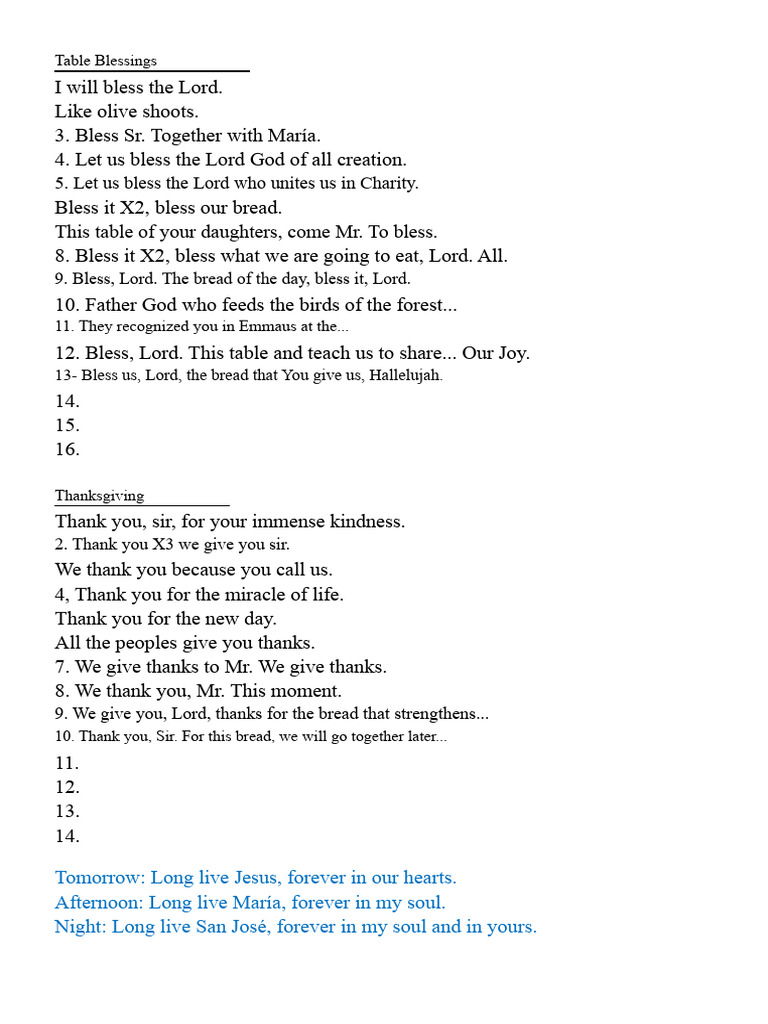Table Blessings and Thanksgiving Prayers | PDF