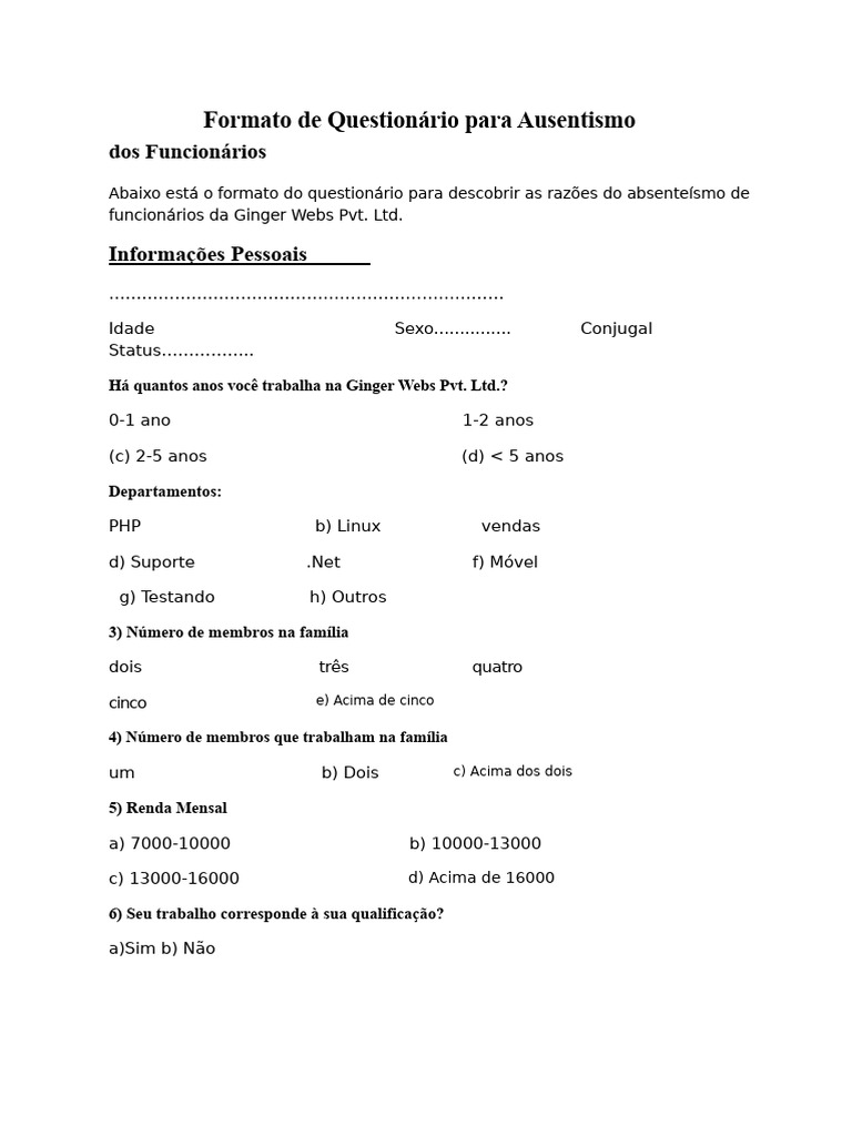 Questionário sobre Absenteísmo de Funcionários | PDF | Psicologia ...
