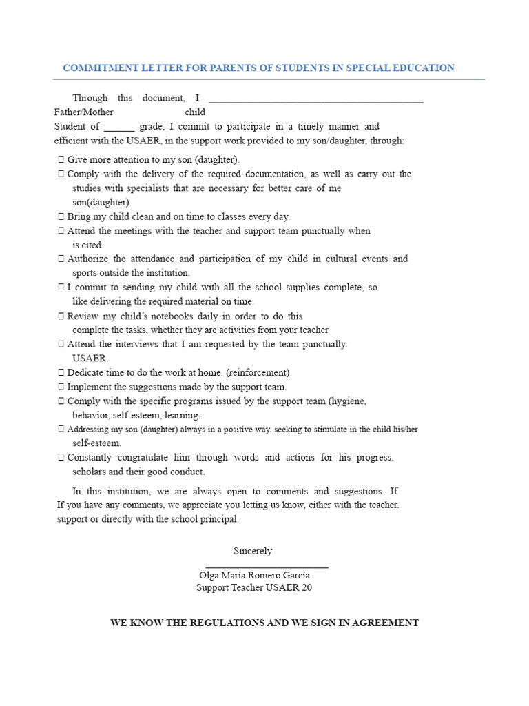 Commitment Letter For Parents of The Special Education Area | PDF ...