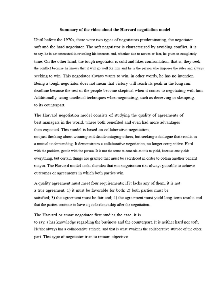 Summary of The Video About The Harvard Negotiation Model. | PDF