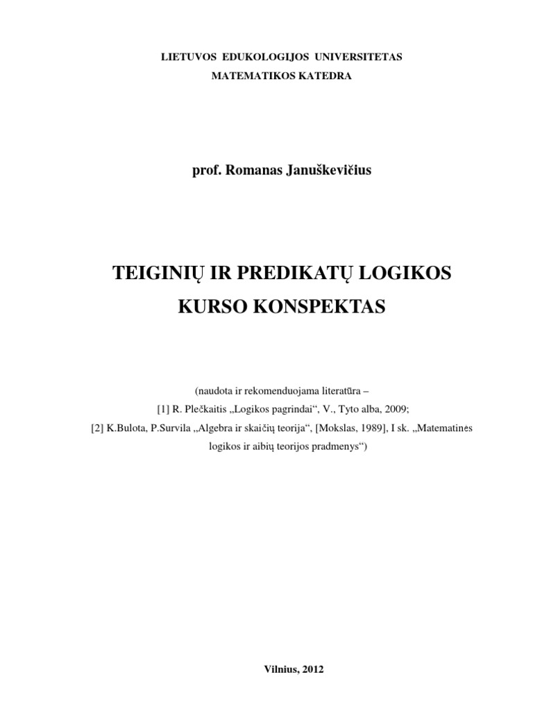RJ KONSPEKTAS I. Teiginiu Ir Predikatu Logika | PDF