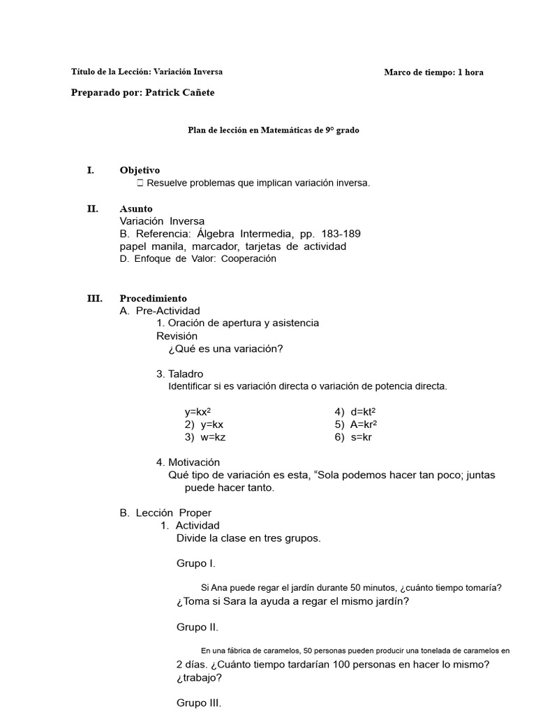 Plan de Lección Matemáticas Grado 9 | PDF | Matemáticas