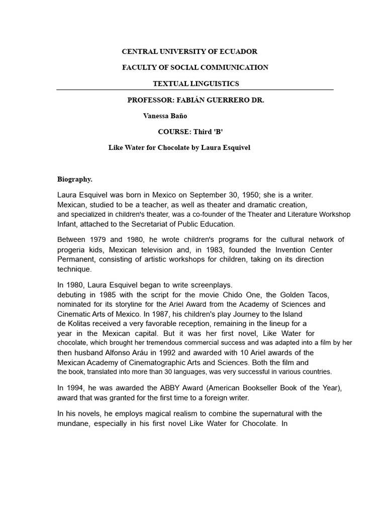 Biography of Laura Esquivel: Like Water for Chocolate | PDF