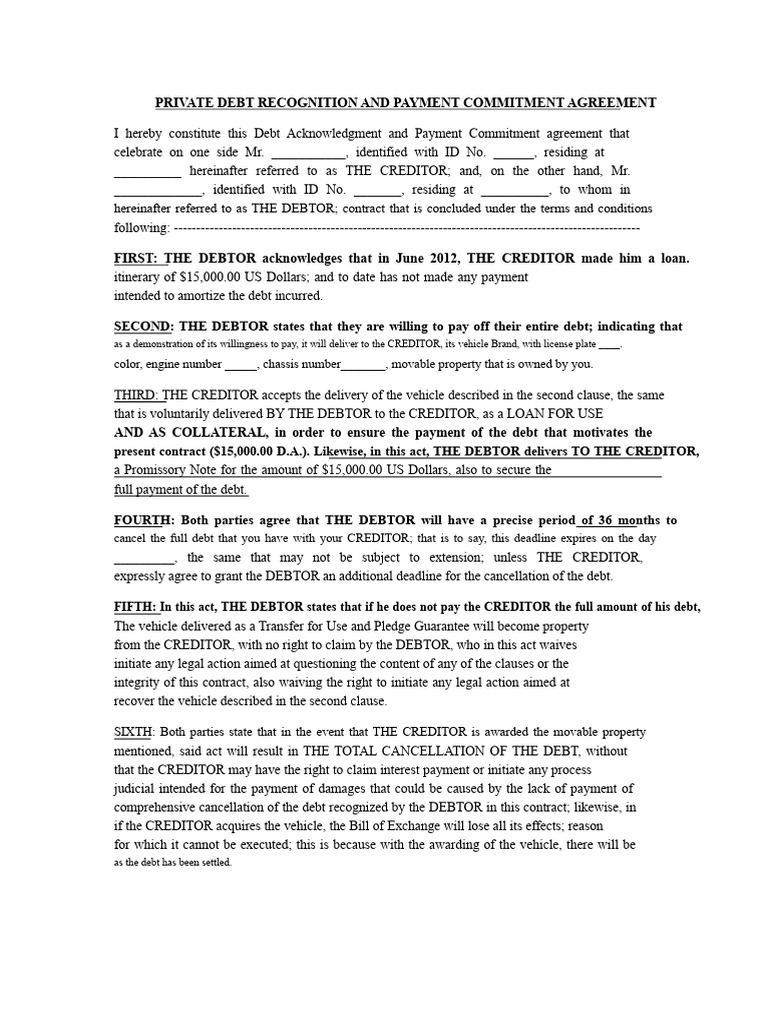 Private Debt Acknowledgment Agreement | PDF | Debt | Debtor
