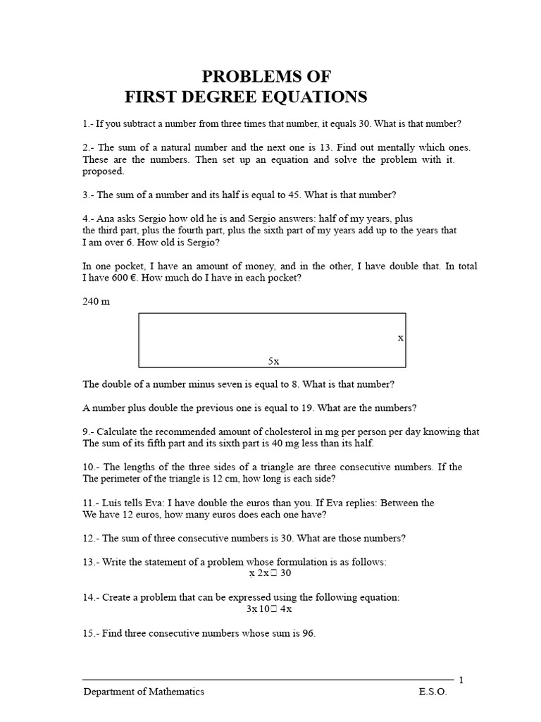 First degree equation problems with solutions | PDF | Numbers | Equations