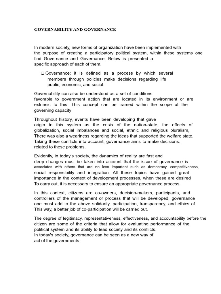 Governability and Governance Essay | PDF | Governance | Political Science