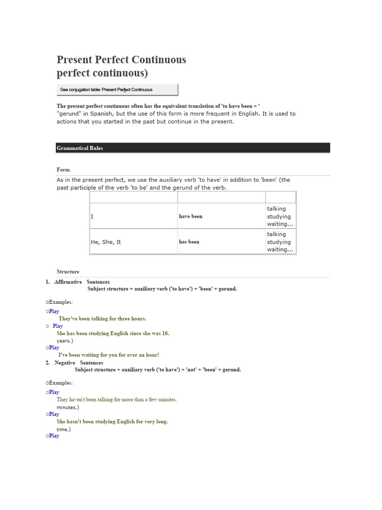 Present Perfect Continuous | PDF | Perfect (Grammar) | Verb