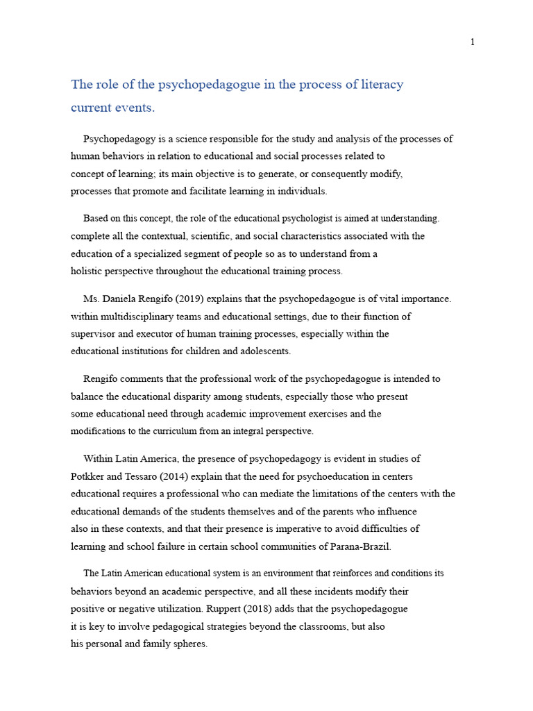 Role of Psychopedagogue in Literacy | PDF | Educational Psychology ...
