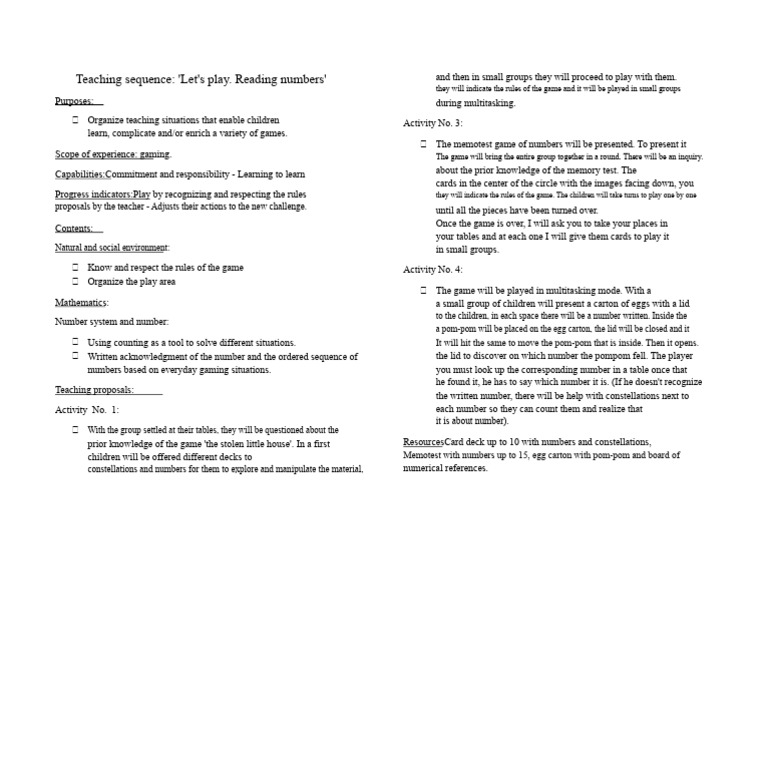 Didactic Sequence For Playing - Reading Numbers | PDF | Cognition