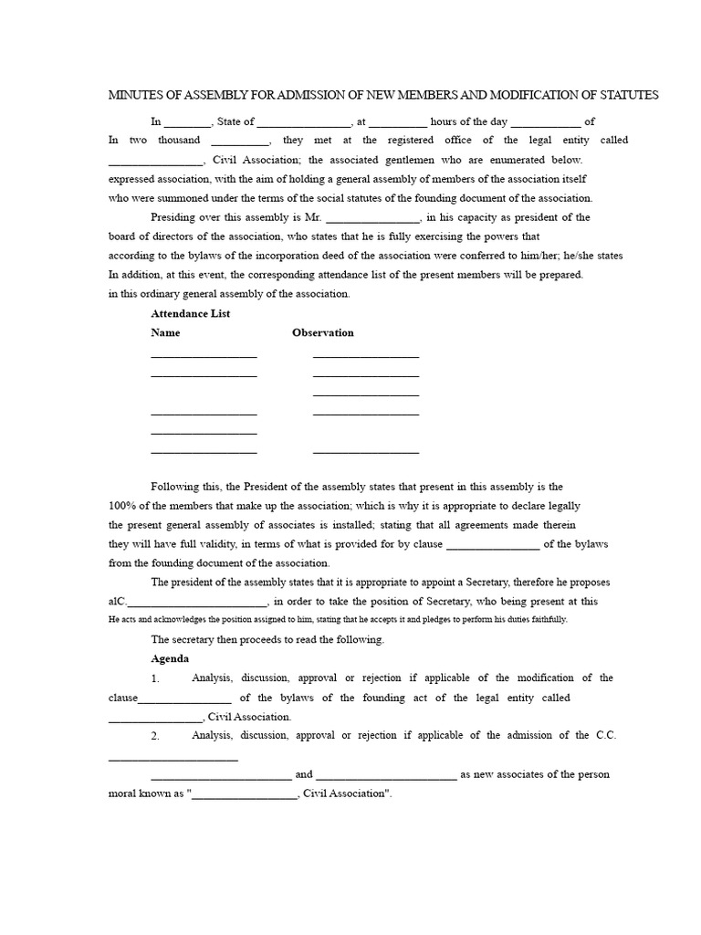Assembly Minutes For Admission of New Members and Amendment of Bylaws ...