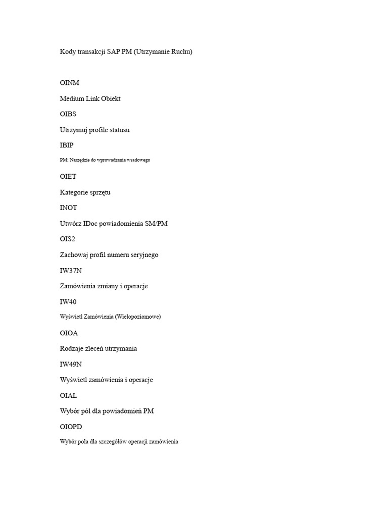 Kody Transakcji SAP PM | PDF