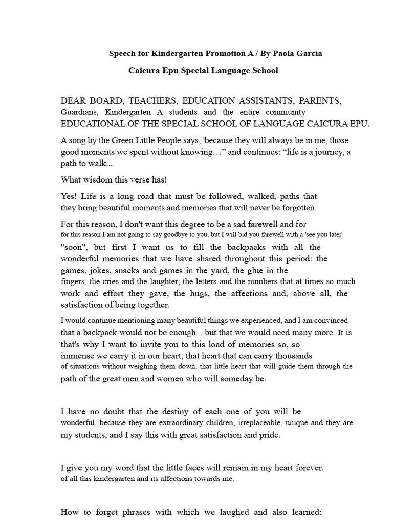 Heartfelt Kindergarten Promotion Speech | PDF