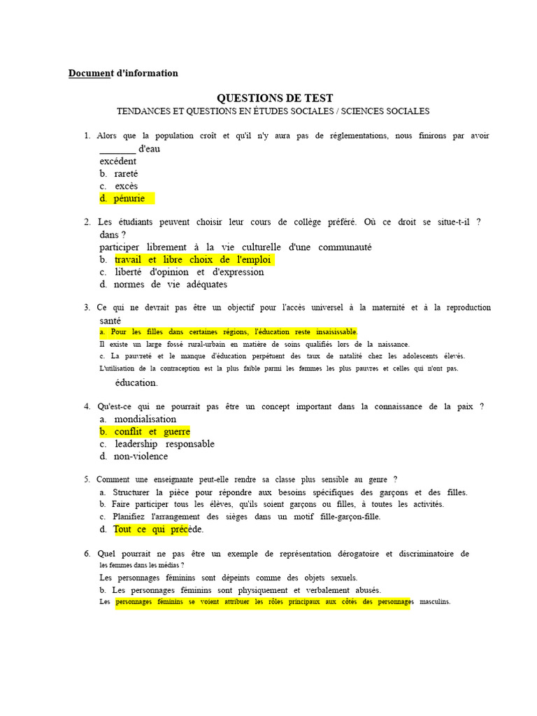 Questions de Test en Sciences Sociales | PDF | Inégalité sociale ...