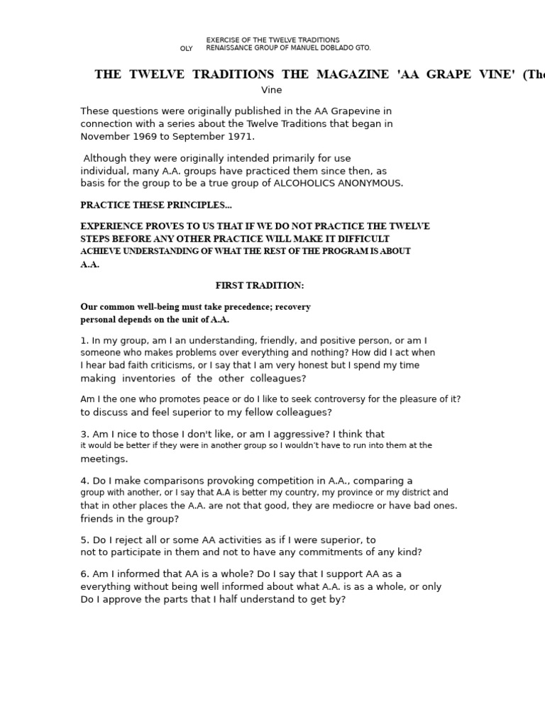 Twelve Traditions in AA Practice | PDF | Alcoholics Anonymous | Twelve ...