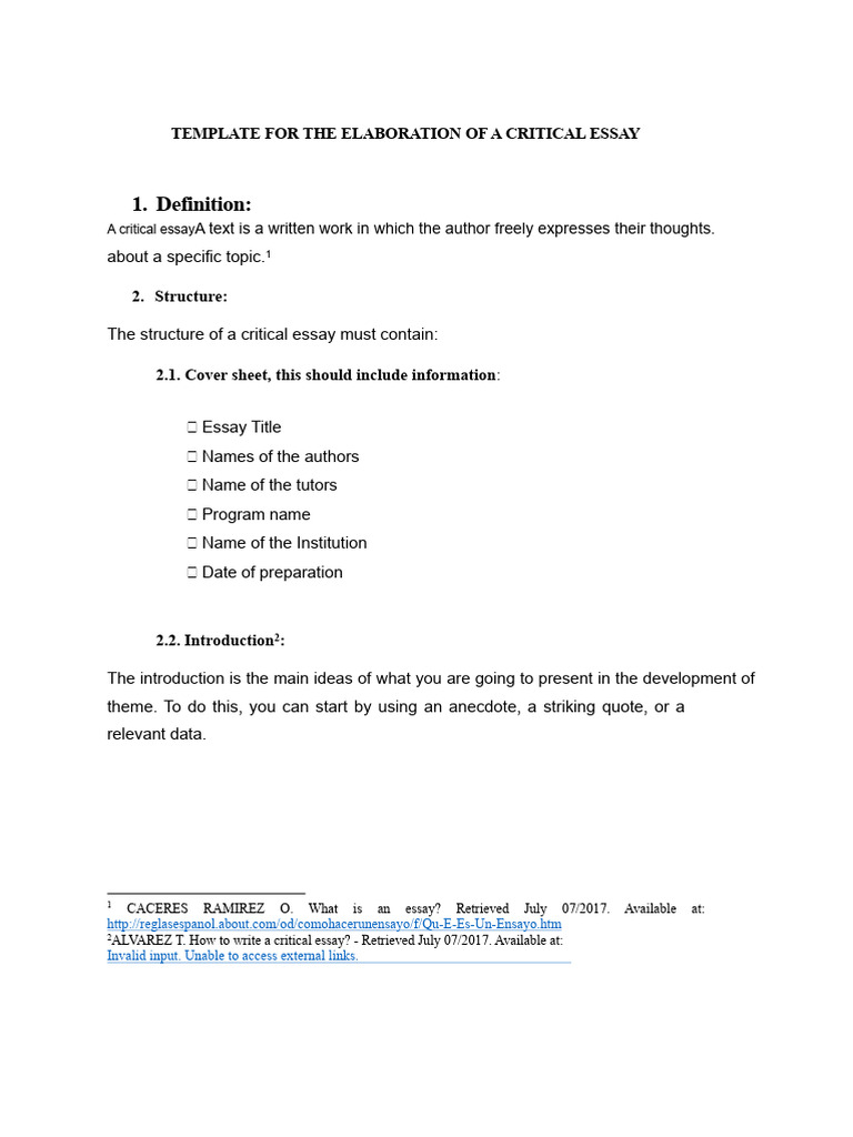 Template For Creating A Critical Essay | PDF