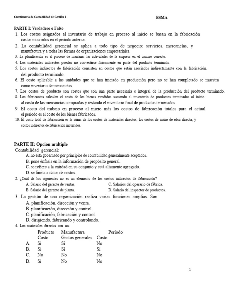 MANACC Cuestionario 1 PDF | PDF | Contabilidad de gestión | Contabilidad
