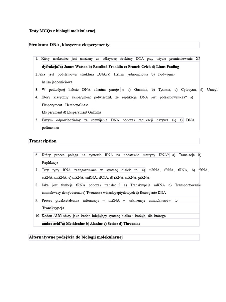 MCQS Papier Biologia Molekularna | PDF